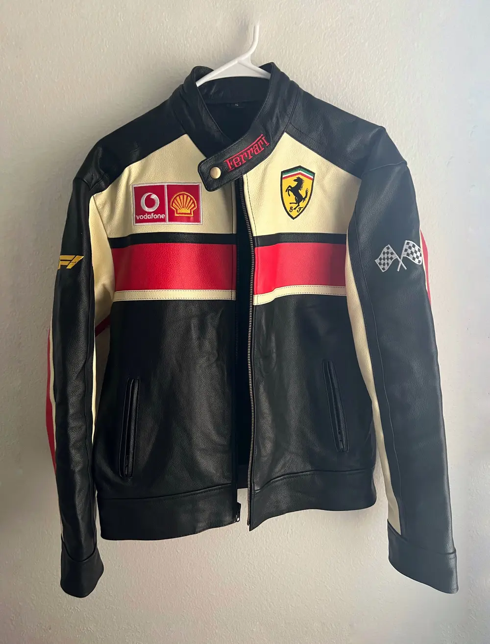 Premium Leather Ferrari F1 Racing Jacket in Black, Cream & Red ...